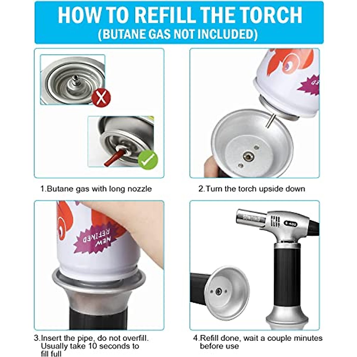 Sondiko Butane Torch S400, Refillable Kitchen Torch Lighter, Fit All Butane Tanks Blow Torch with Safety Lock and Adjustable Flame for Desserts, Creme Brulee, and Baking—Butane Gas Is Not Included
