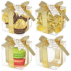 CHolic 36Pack PET Clear Favor Boxes with Ribbon, Thank You tag and pearl, 2.4 x 2.4 x 2.4 inches Plastic Gift Boxes Small Clear Boxes for Wedding, Party,Bridal Shower, Baby Shower Decorations