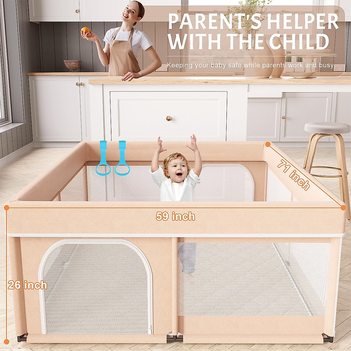 Omzer Baby Playpen with Mat 71"×59" - Extra Large Playpen for Babies and Toddlers with Mat Included, Safety Playard for Baby with Gate, All-Wrapped Soft Sponge Baby Gate Playpen with Stable Mat Velcro