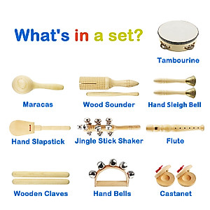 Chriffer Kids Musical Instruments Toys, Percussion Instruments Set with Storage Bag, Preschool Educational Music Toys for Boys Girls, Natural Eco-Friendly Wooden Music Set (10pcs)