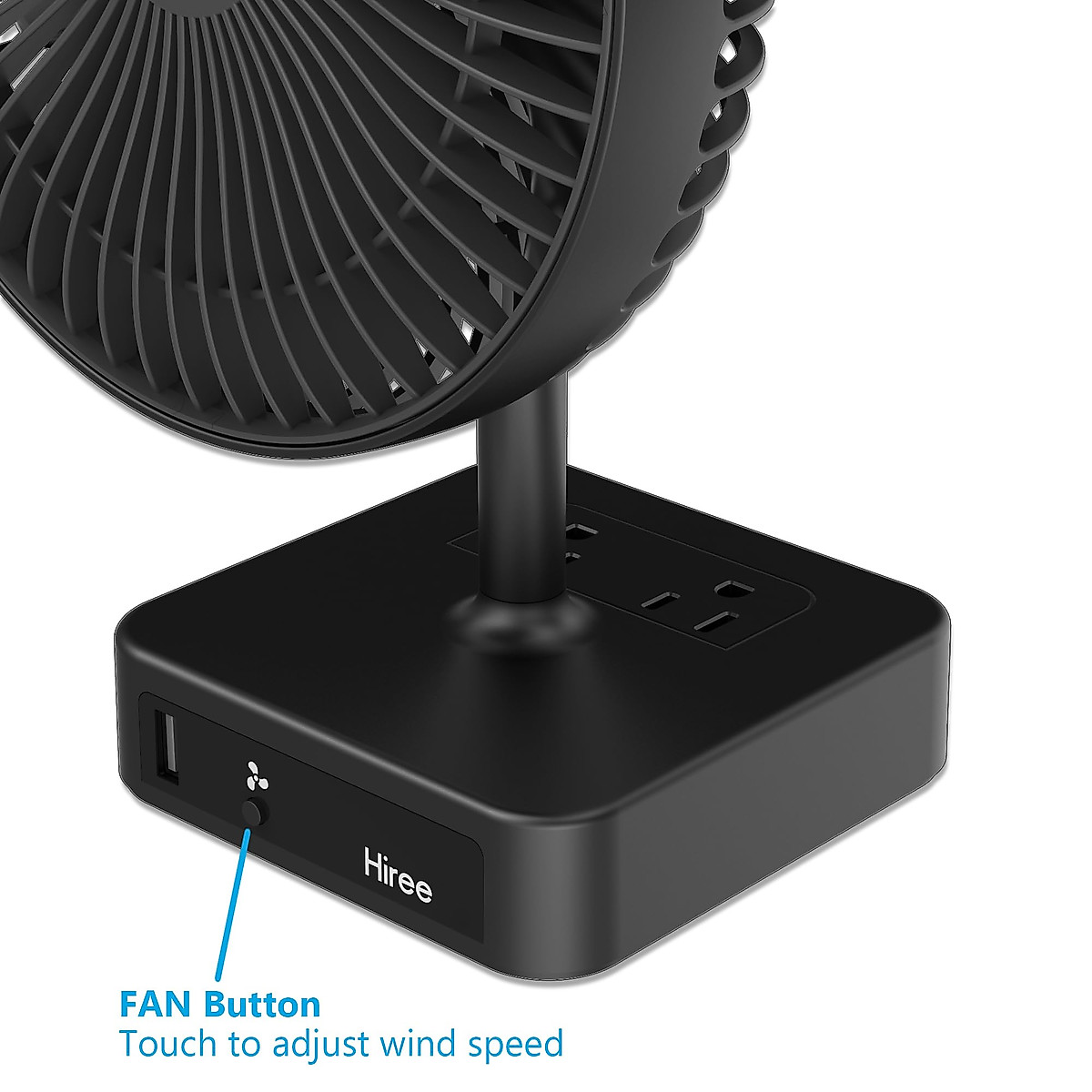 Hiree Desk Fan with USB Charging Port, 2 Speeds 6.7 Inch Small Desktop Table Fan with USB Charger, AC Outlets, Strong Wind, Quiet Operation - Personal Fan for Bedroom, Home, Office and Dorm Room