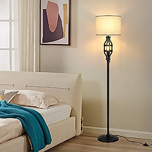 Farmhouse Floor Lamp with Night Light, Black Standing Lamp for Living Room, Vintage 2-Light Tall Lamp with Fabric Drum Shade, Industrial Pole Light with E26 Edison Base for Bedroom Home Decor