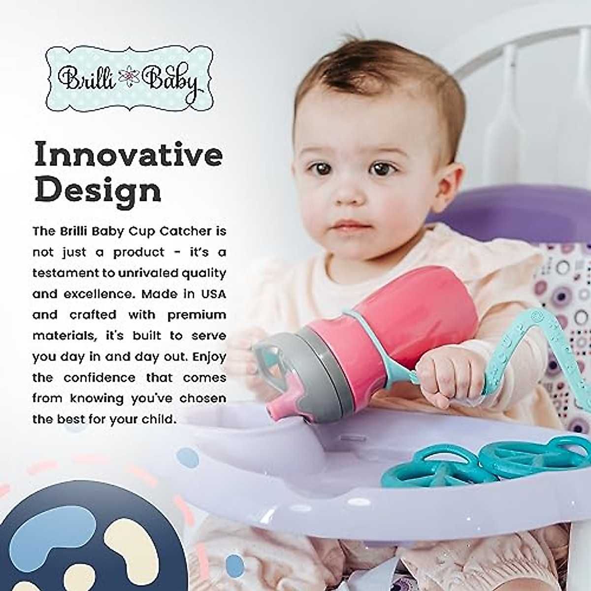 Brilli Baby Sippy Cup Catcher - 2-Pack - Bungee Tether for Bottle or Toy - Pacifier Holder Strap to Attach to Your Stroller - Leash to Secure Cups to High Chairs -Springy Cord for Car Seat Aqua & Navy