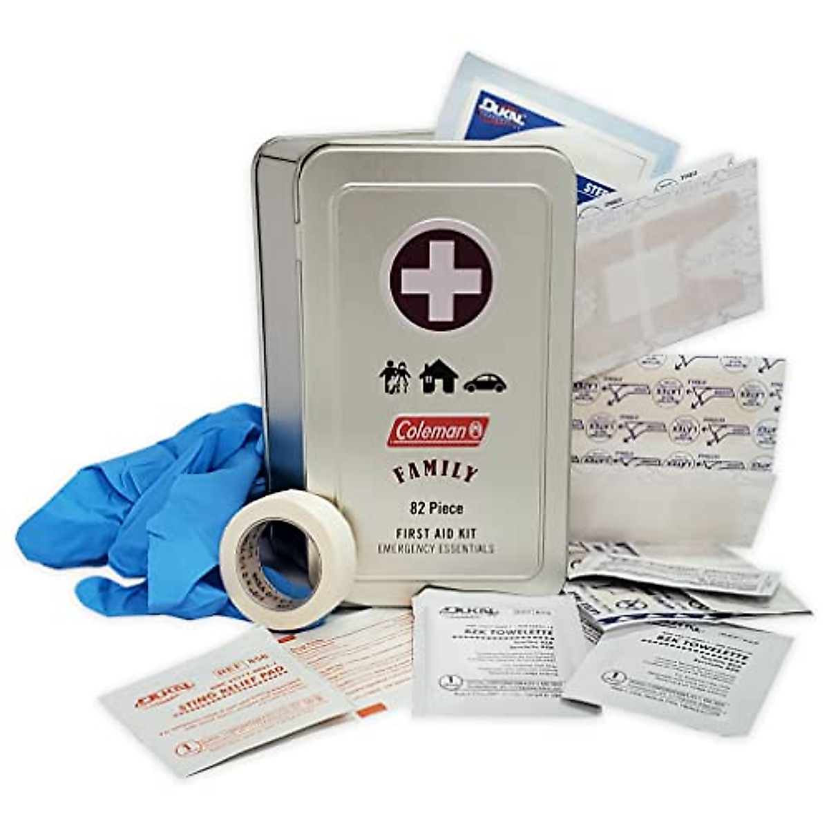 Family First Aid Kit by Coleman | 82 Piece First Aid Tin Kit | Small First Aid Kit for Car | Travel First Aid Kit | Sports First Aid Kit | Metal First Aid Kit for Camping, Hiking, or a Sports Bag