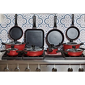 Bergner - Retro Cookware - Pots and Pans Set Nonstick - Induction Cookware - 10 Piece Pan Set - 8"/10" Fry Pans, 1.3qt Saucepan, 2.5qt Saucepan, 2.5qt Sautepan with Lids, 7qt Dutch Oven - Red