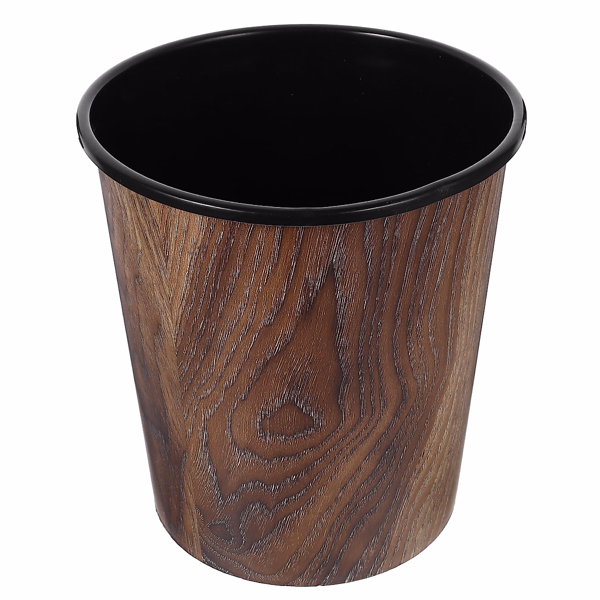 WOFASHPURET Plastic Trash Can, Vintage Small Trash Can, 1.83 Gallon Plastic Round Wastebasket Imitation Wood Grain Garbage Bin Brown Open Top Garbage Can for Office, Living Room, Hotel, Bathroom