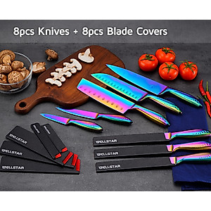 WELLSTAR Rainbow Knife Set 16 Pieces with 8 Knives and 8 Blade Guards, Iridescent German Stainless Steel Kitchen Knives with Durable Sheath Cover, Colorful Titanium Coated Chef’s Cooking Knife Set