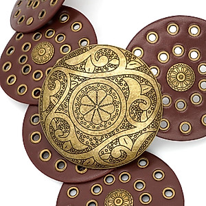 WULIQIUQIU Wide Disc Belt for Women Boho Concho Leather Belts Vintage Western Waist Belt 115CM Brown