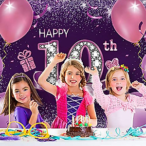 Happy Birthday Party Decorations, Large Fabric Pink Purple Happy 10th Anniversary Birthday Sign Banner Photo Booth Backdrop Background with Rope for Girls Birthday Party Favor, 72.8 x 43.3 Inch