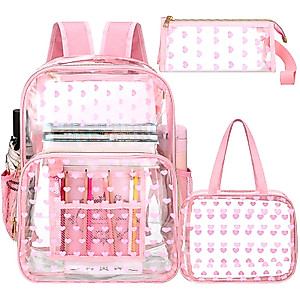 3 Pieces Clear Backpack Stadium Approved Backpack for Girls Clear Stadium Backpack Set Clear Tote Backpack for Women, 16.9 x 12 x 6.5 Inch (Heart Style)