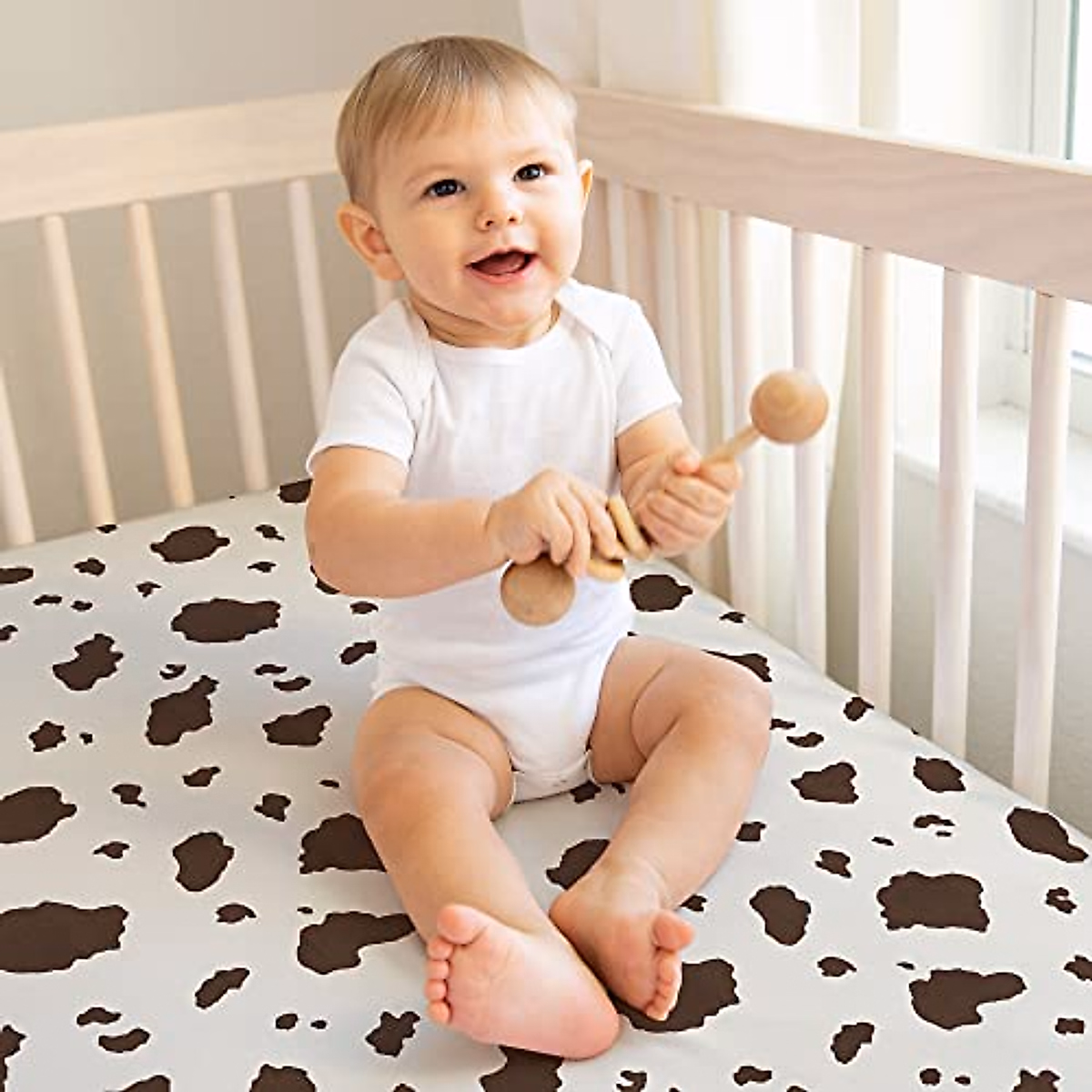 Sweet Jojo Designs Tan Brown Western Cowboy Boy Baby Fitted Crib Sheet Set Nursery Soft Infant Newborn Fits Standard Mattress Toddler Bed Southern Country Wild West Horse Off White Cow Print Animal