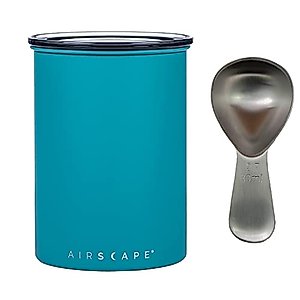 Airscape Stainless Steel Coffee Canister & Scoop Bundle - Food Storage Container - Patented Airtight Lid Pushes Out Excess Air - Preserve Food Freshness (Medium, Matte Turquoise & Brushed Steel Scoop)
