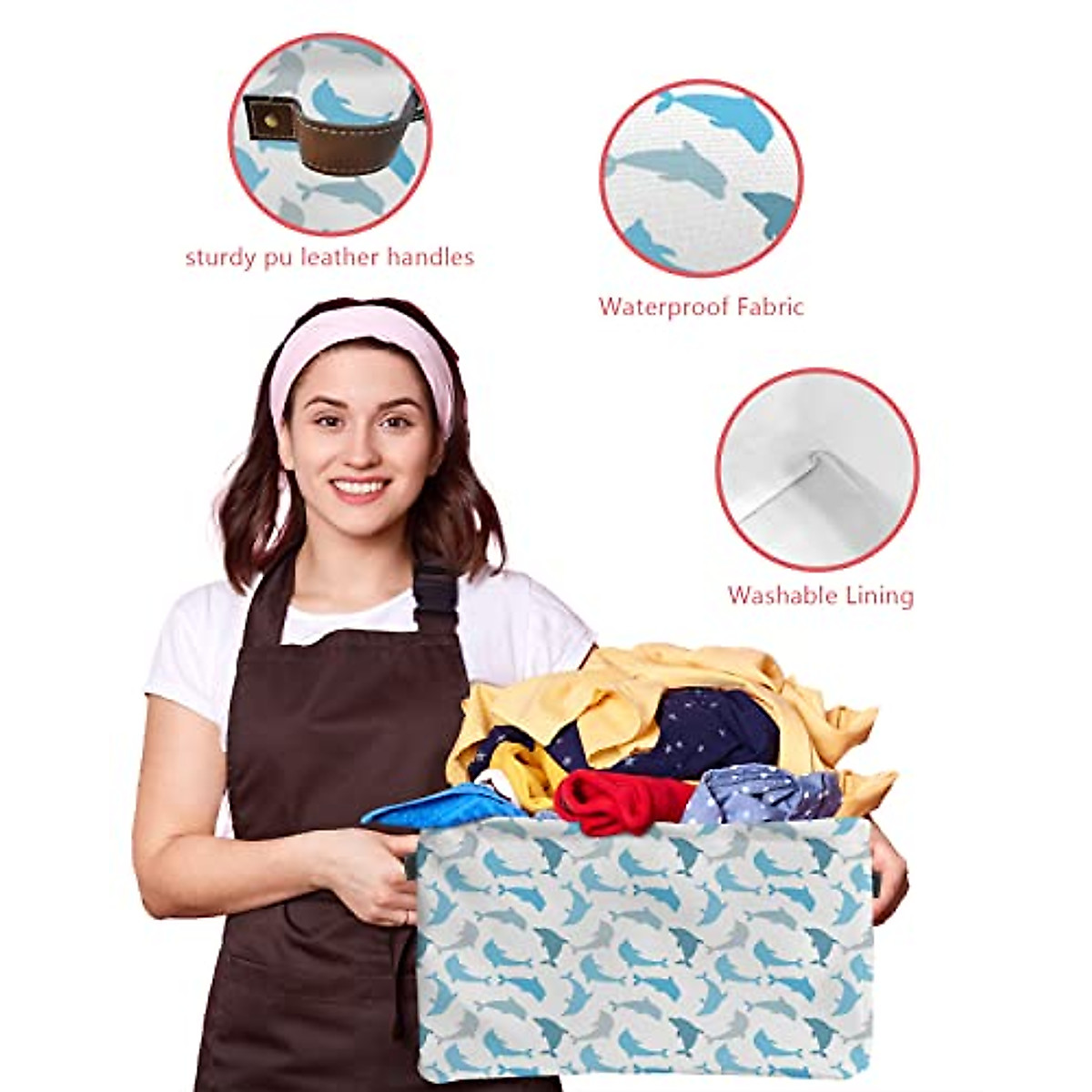 Storage Baskets for Shelves, Foldable Rectangle Storage Baskets, Cartoon Dolphin Silhouette Sea Animals Print Storage Containers for Organizing Dorm Closet Room, 2-Pack (15” x 11” x 9.5”)