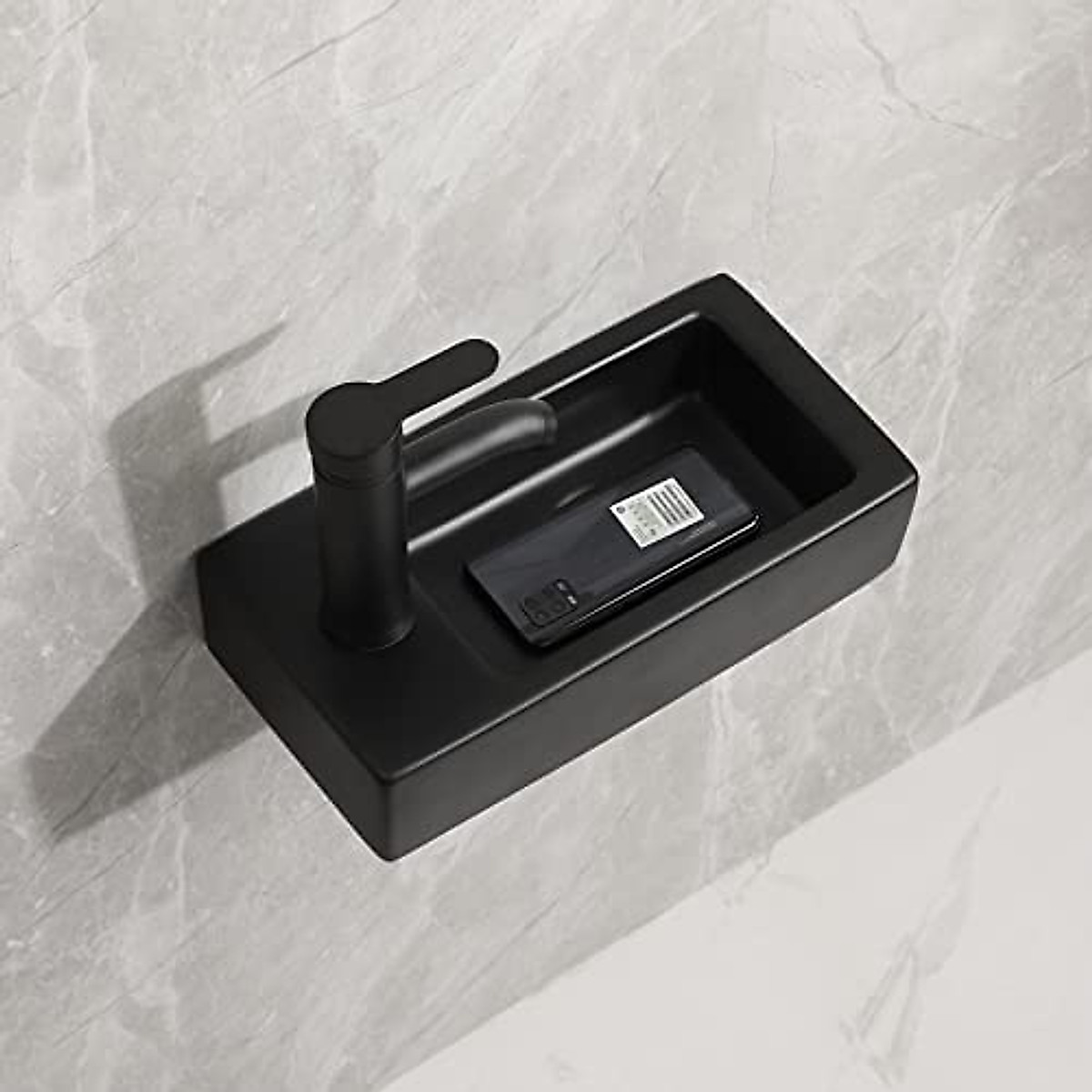 Black Bathroom Rectangle Wall Hung Porcelain Ceramic Small Sink Wash Art Basin with Overflow&Faucet for Cloakroom Lavatory Toilet (Left Hand)