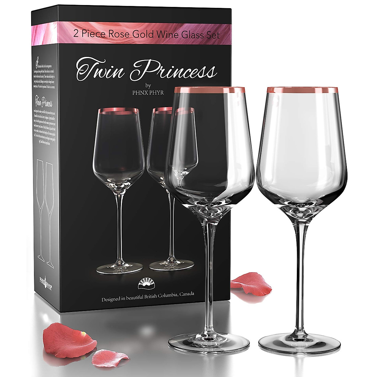 Phnx Phyr Hand Blown Crystal Rose Gold Wine Glasses set 2 - Stem wine glass set - Long Stem wine glasses - Red wine glasses set of 2 - Large white wine glass - Stemmed wine glasses - Gift packaging