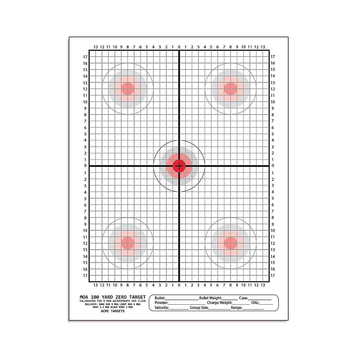 MOA 100 Yard Zero Target Calibrated for ¼ MOA Adjustment per Click. 100 Yard scoped Rifle Target - 25 Targets