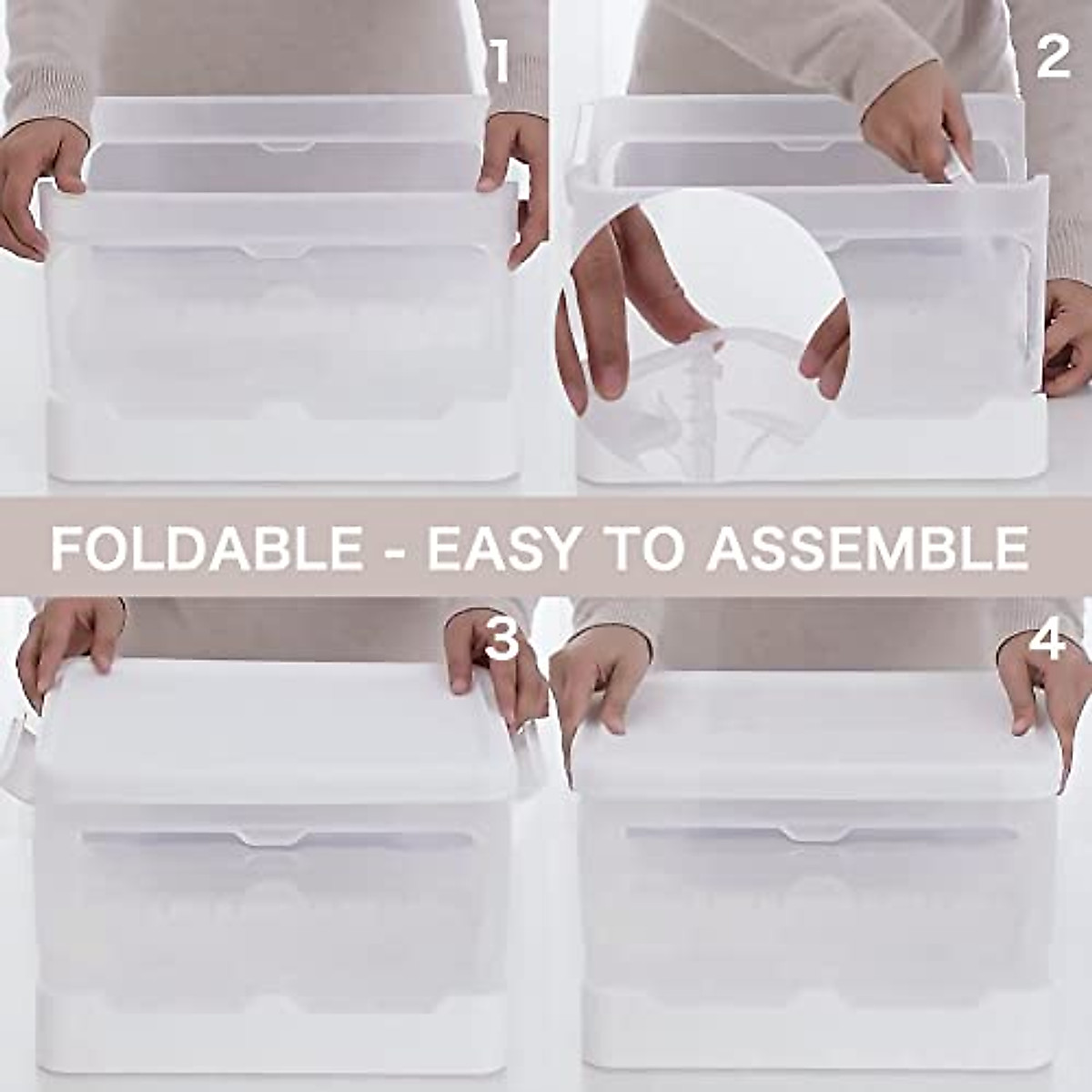 EZOWare 16 Quart Folding Plastic Storage Latch Box Basket with Lids, Stackable Lidded Organizer Container Bins - Set of 2, White / Clear