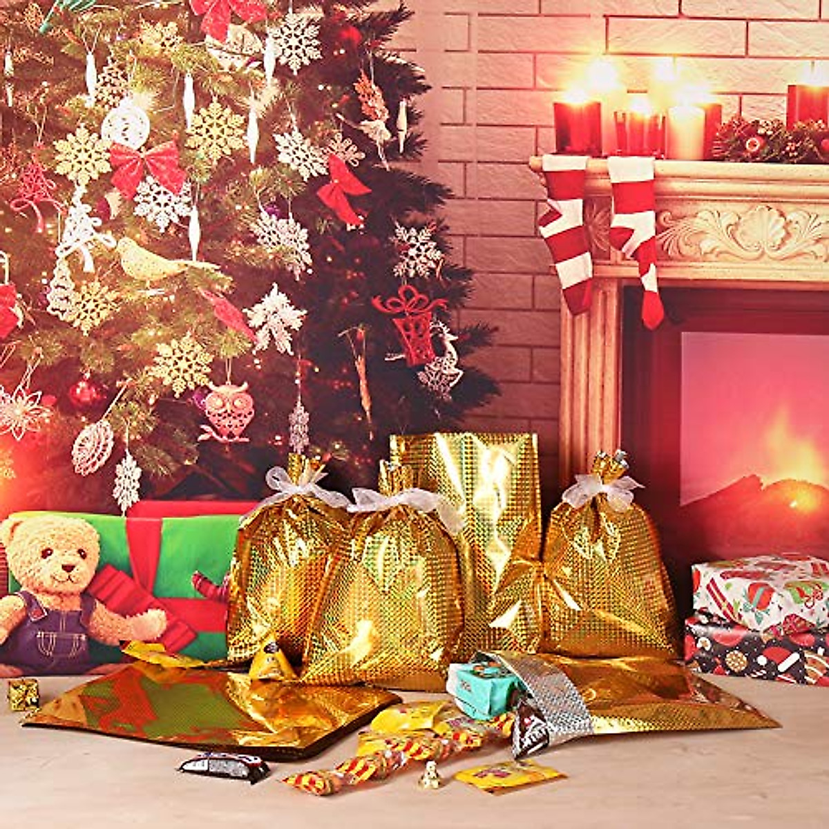 HRX Package Gold Foil Gift Bags with Ribbon Ties, 30pcs Gift Wrapping Sacks Pouches Christmas Mylar Goody Bags for Xmas Presents Party Favor