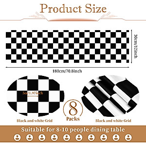 8 Packs Checkered Table Runner Polyester Classic Black and White Checkerboard Racing Road Theme Tablecloth for Indoor Outdoor Events, Wedding, Birthday Parties, Banquets and Celebrations (12 x 72 Inch