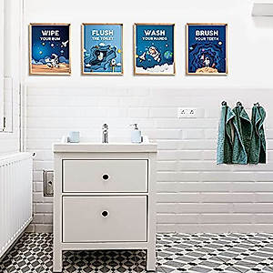 FALJIOK Funny Bathroom Outer Space Planet Wall Art Prints Decor, Bathroom Sign Brush Wash Brush, Bathroom Gift for Kids Son Brother Grandson Set of 4 (8”X10”) Unframed