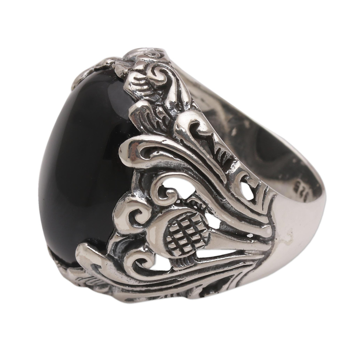 NOVICA Artisan Handmade Onyx Cocktail Ring Crafted Floral Sterling Silver Black Red Indonesia Birthstone [crownbezel 0.9 in H x 0.9 in W x 0.3 in D Band Width 5 mm W] ' Night Bloom'