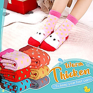 Eyean Kids Fuzzy Socks Non Slip Soft Fluffy Slipper Grips Socks Warm Plush Cozy Cabin Boy Girls Crew Socks 6 Pairs (Dot Animal, 8-12 Years)