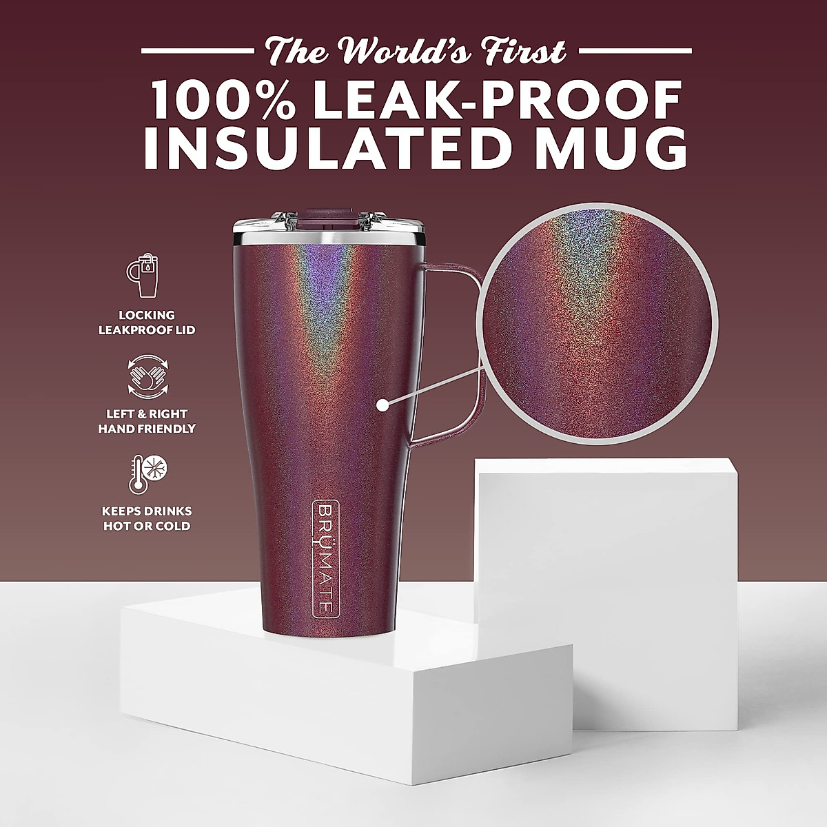 BrüMate Toddy XL - 32oz 100% Leak Proof Insulated Coffee Mug with Handle & Lid - Stainless Steel Coffee Travel Mug - Double Walled Coffee Cup (Glitter Merlot)