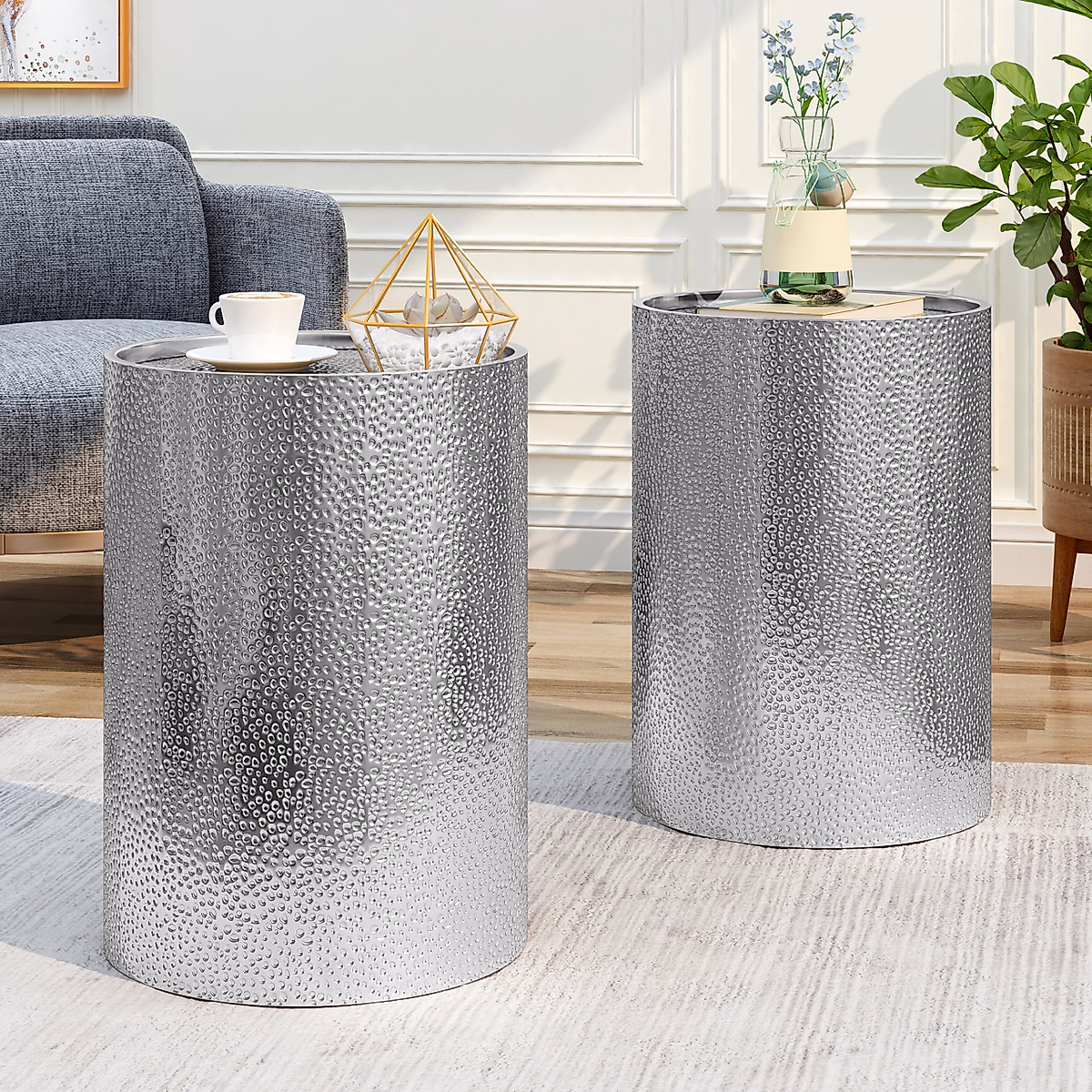 2 Piece Cylindrical Coffee Table Metal Cylindrical Small Side Table for Living Room Sofa Apartment Small Space,Silver, 16" D * 16" W * 22.25"
