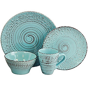 Elama Embossed Stoneware Ocean Dinnerware Dish Set, 16 Piece, Turquoise