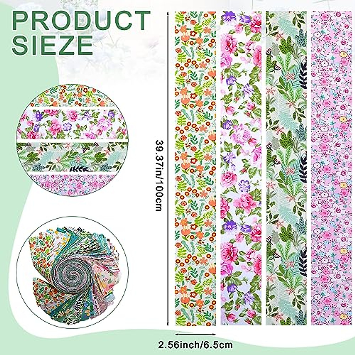 40 Pcs Cotton Jelly Fabric Roll Quilting Strips Different Patterns Patchwork Jelly Fabric Strips Roll Craft Sewing Supplies for Quilters Crafting Sewing DIY Crafts, 39.37 x 2.56 Inches (Floral)