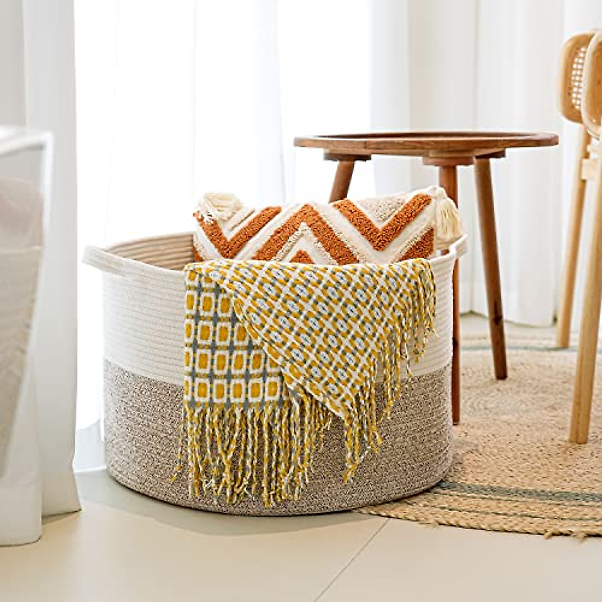 Santasup Large Cotton Rope Basket, Woven Laundry Blanket Basket with Handle, Decorative Storage Collapsible Laundry Hamper for Nursery Baby Toy Clothes Basket 21.7 Inch Brown White
