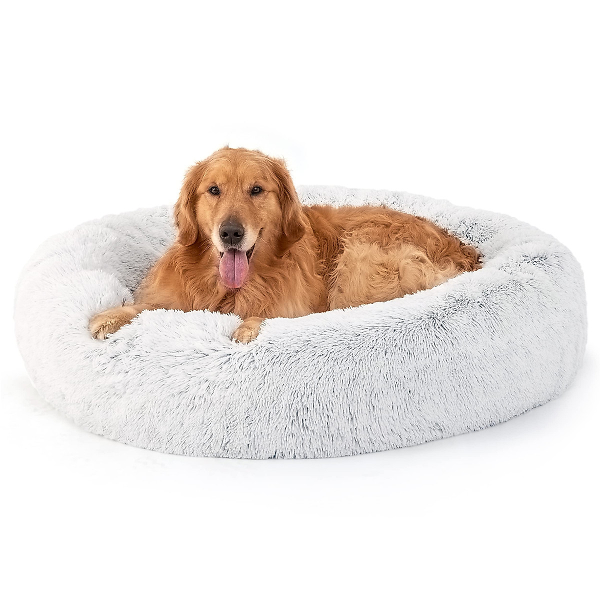 Bedsure Calming Dog Bed for Extra Large Dogs - Donut Washable Large Pet Bed, 45 inches Anti-Slip Round Fluffy Plush Faux Fur Dog Bed, Fits up to 125 lbs Pets, Frost Grey