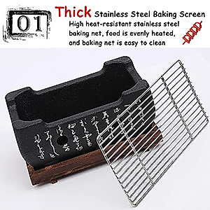 Hibachi Grill Japanese Tabletop Charcoal Grill Table Top Portable Charcoal Grill Barbecue Grill Portable Barbecue Stove with Wire Mesh Grill and Wooden Base for Home Party