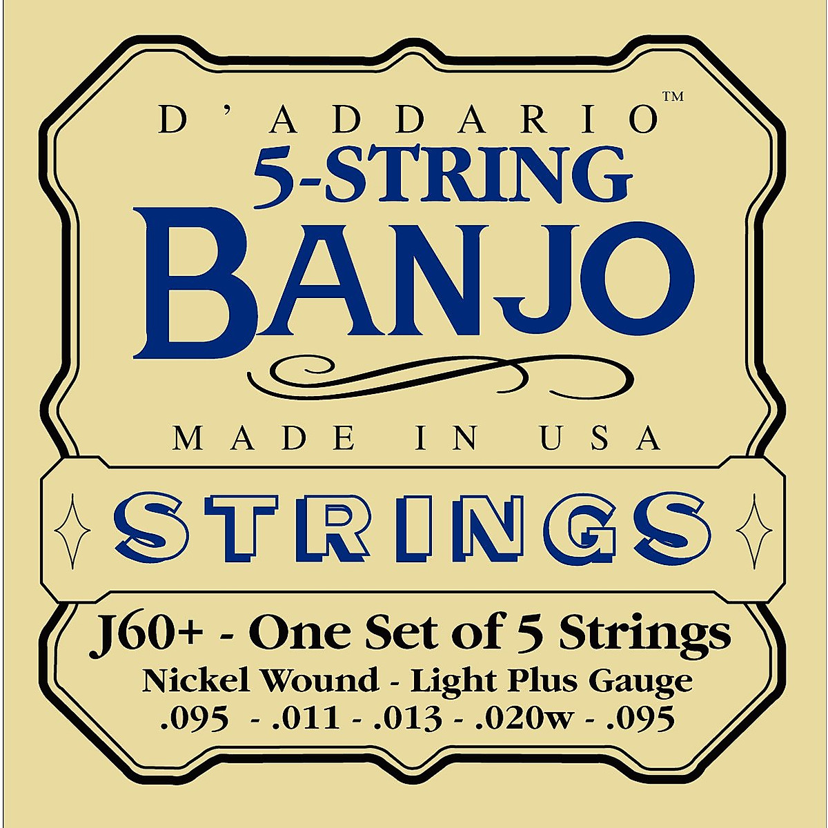 D'Addario J60+ 5-String Banjo Strings, Nickel, Light Plus, 9.5-20