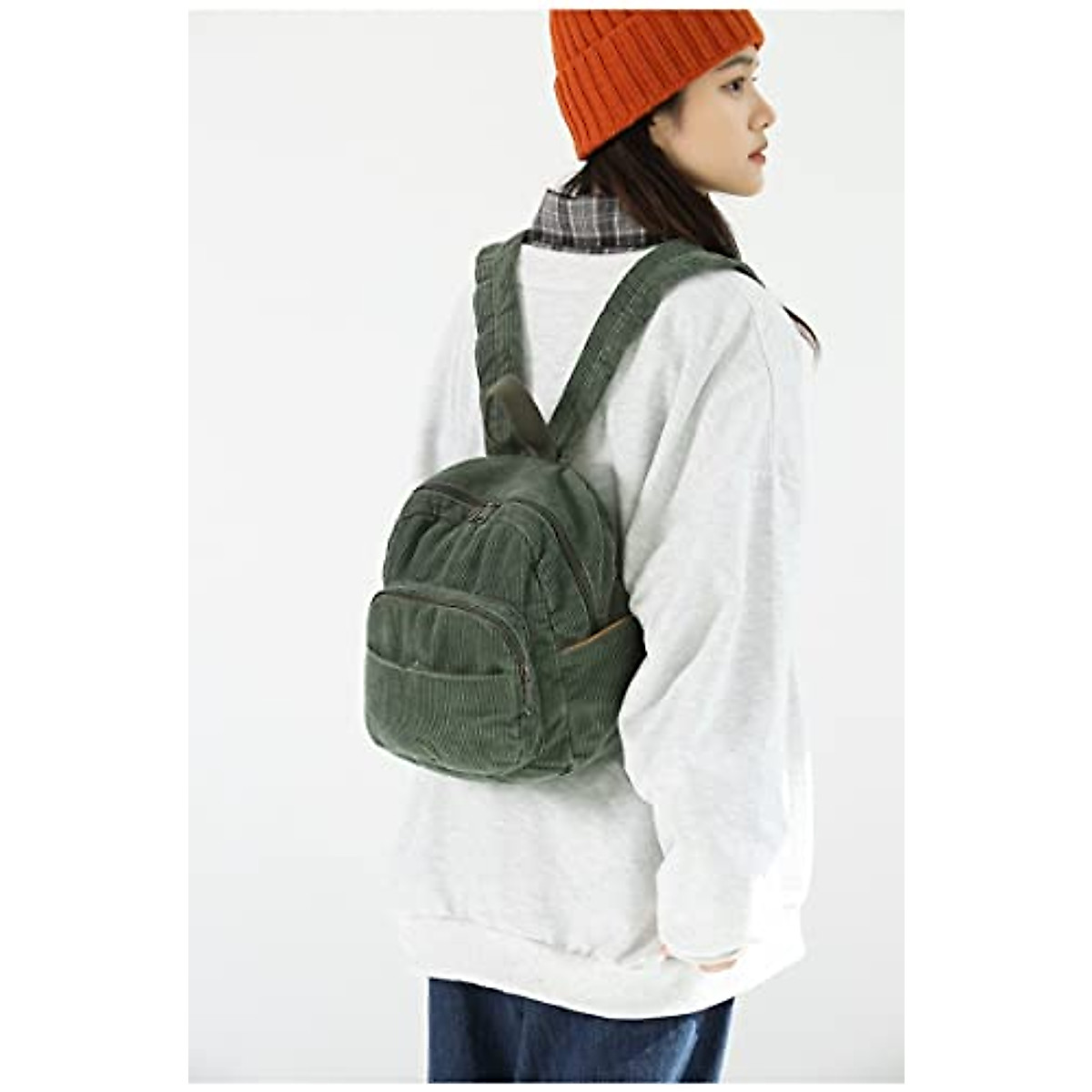 MININAI Aesthetic Backpack Mini Classic Corduroy College Backpack for Women Cute Retro Grunge Backpack Casual Daypack (One Size,Green)