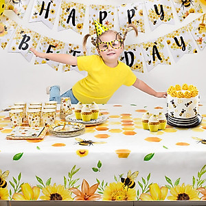 WERNNSAI Bee Party Tablecloth - 2 Pack 108'' X 54'' Bee Birthday Party Supplies for Kids Girls B-Day Baby Shower Bumblebee Themed Party Decoration Large Plastic Disposable Table Cover