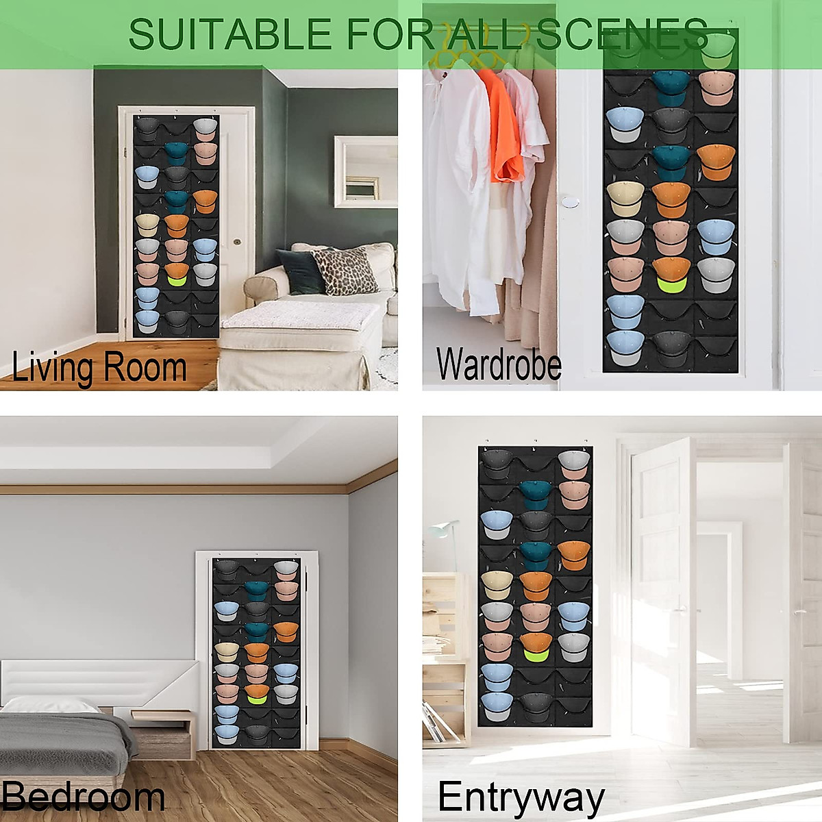 Mosghuiy Hat Rack for Baseball Caps: Hat Organizer Storage with 27 Deep Pockets - Hat Racks for Baseball Caps Hanging Over The Door Closet with 3 Hooks, Hat Hanger Organizers and Storage Holder, Black