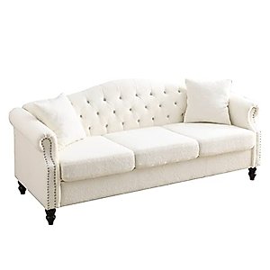 Sofas 79" Sofa White for Living Room, 3 Seater Sofa Tufted Couch with Rolled Arms and Nailhead Two Pillows
