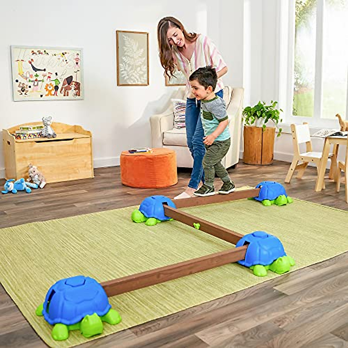 KidKraft Turtle Totter Wooden Adjustable Balance Beam for Toddlers with Squeaky Turtle and Wobble Board, Gift for Ages 2-5