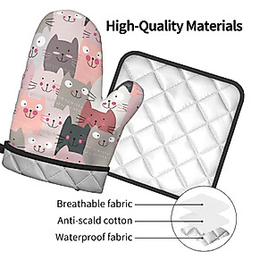 Oplp Funny Pink Cute Cats Oven Mitts and Pot Holders Heat Resistant Oven Mitts Safe for Baking Cooking BBQ
