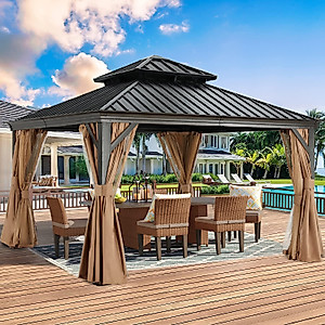 ABCCANOPY Hardtop Gazebo 12x12 - Outdoor Metal Hard Top Gazebo, Permanent Galvanized Steel Aluminum Framed Pavilion with Netting and Curtain for Patio Backyard Lawn Garden (Double Roof, Khaki)