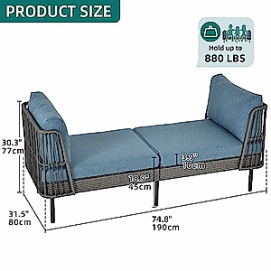 YITAHOME Wicker Outdoor Chaise Lounge, Oversized Patio Love Sofa, 74 Length Outdoor Indoor Upholstered Sofa Recliner Daybed with Thickness Cushion Indoor Lounger for Balcony Garden Pool - Blue
