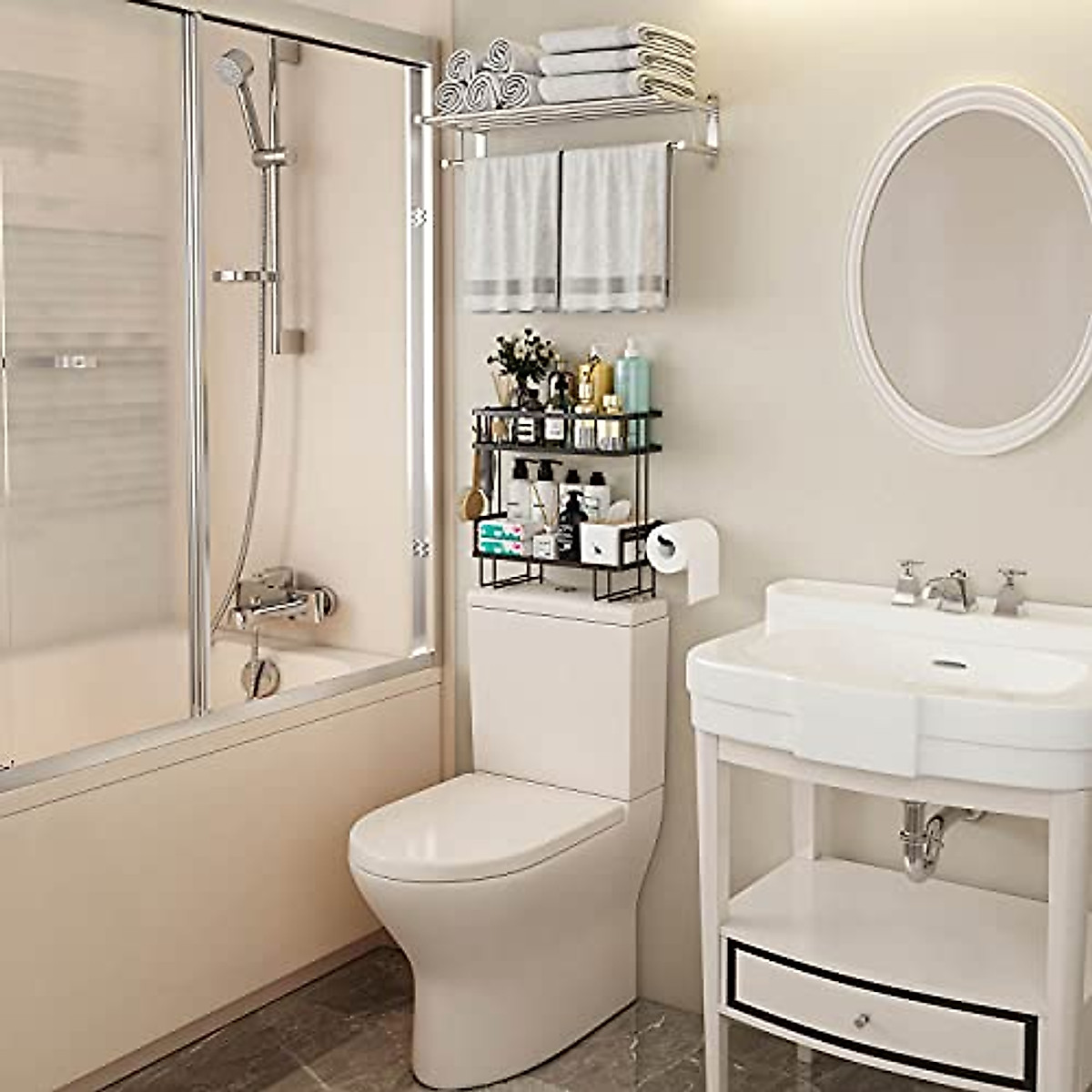 Godboat Over The Toilet Storage, 2-Tier Bathroom Organizer Shelves, Multifunctional Toilet Rack,No Drilling Space Saver with Wall Mounting Design (Black)