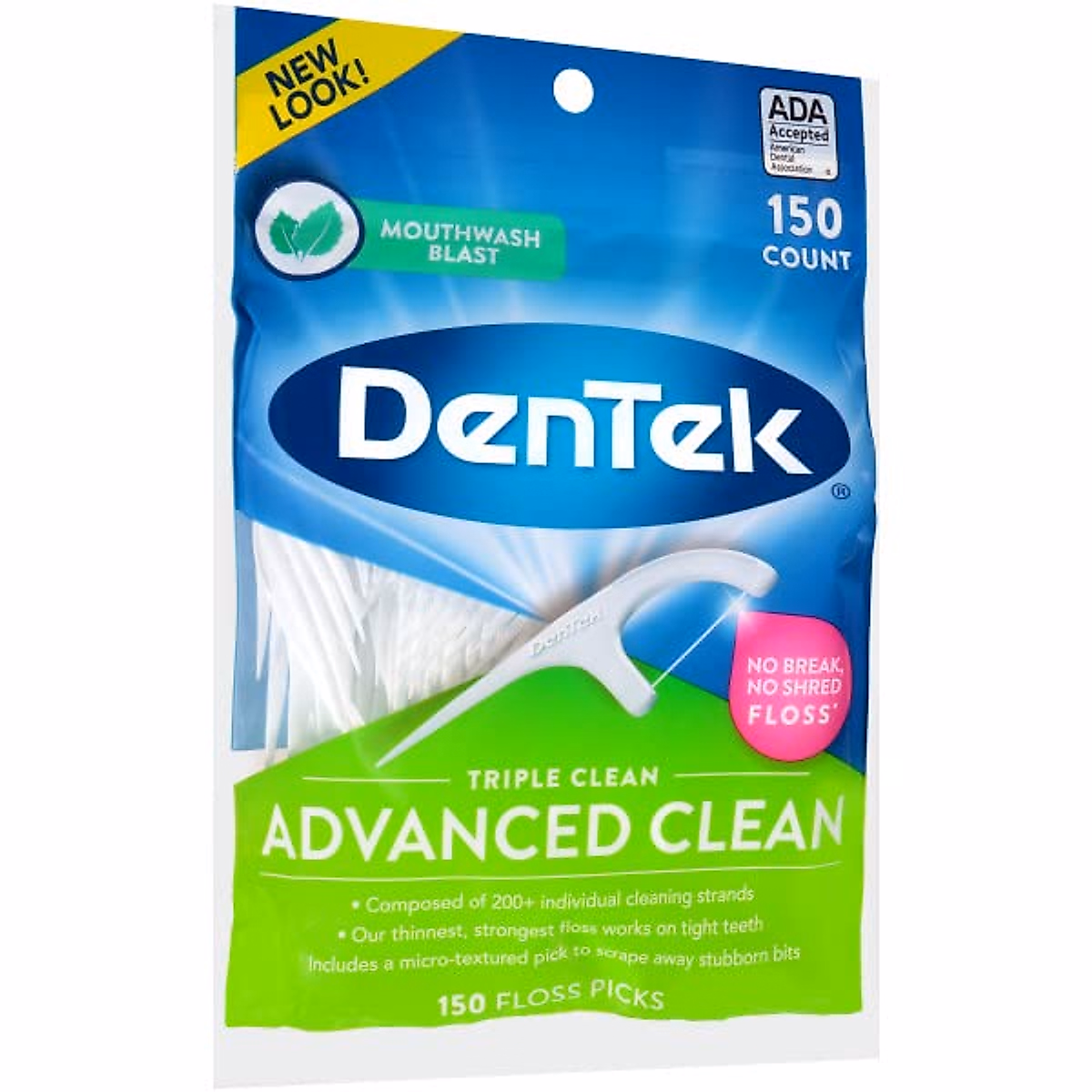 DenTek Triple Clean Advanced Clean Floss Picks, No Break & No Shred Floss, 150 Count (Pack of 2)