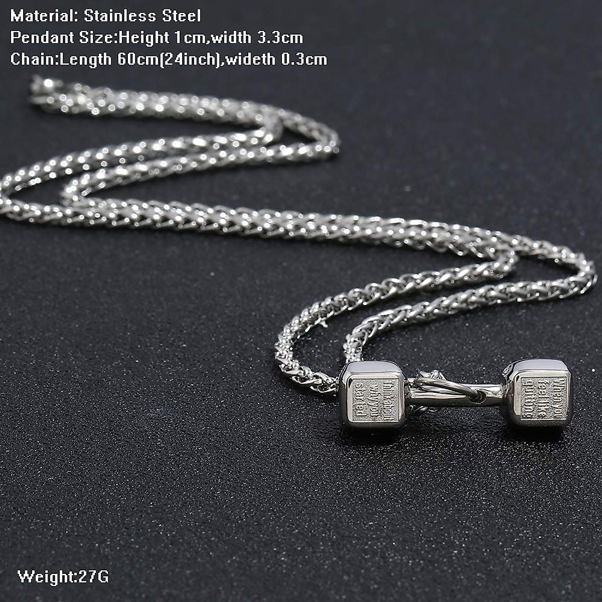 FIZIZDH Stainless Steel Weightlifting Barbell Pendant Necklace, Unisex, 24 inch Keel Link Chain