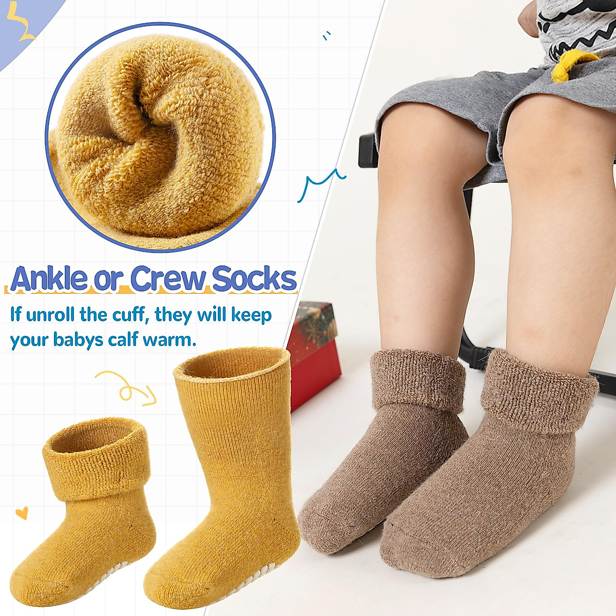 Kids Baby Boy Girls Wool Socks Thick Animal Stripe Winter Soft Warm Thermal Child Toddler Boot Cozy Crew Socks 6 Pairs (Bear, 3-5 Years)