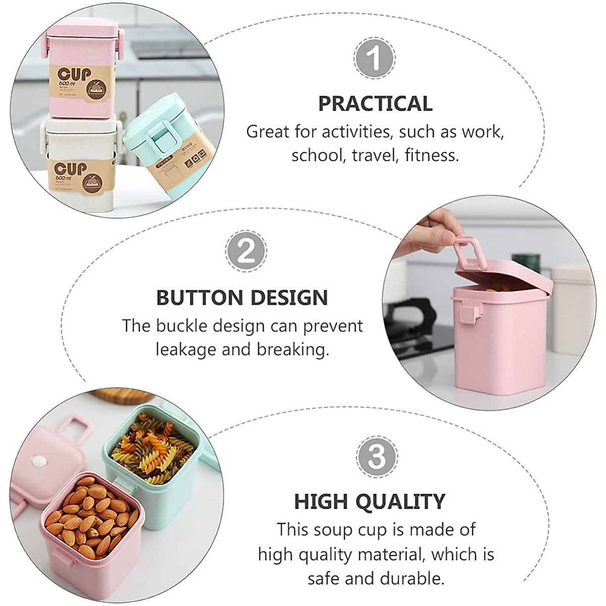 YARDWE Microwave Breakfast Cup Sealed Insulated Food Jar: Microwave Soup Mug with Lid 600ml Pink Square Wheat Straw Cereal Cup with Cover Spill Proof Soup Travel Container