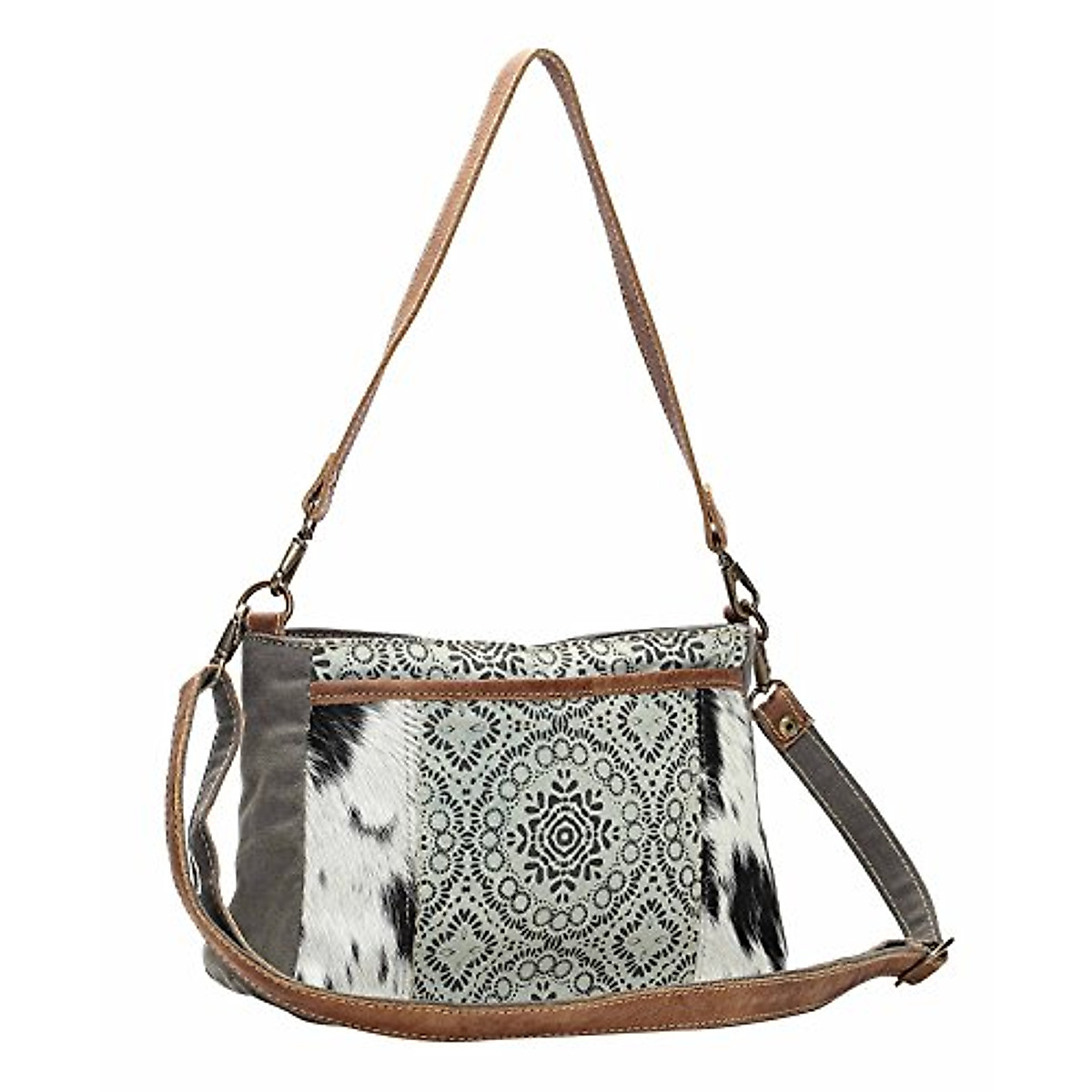 Myra Bag Dual Strap Cowhide & Upcycled Canvas Bag S-1149, Brown, One Size