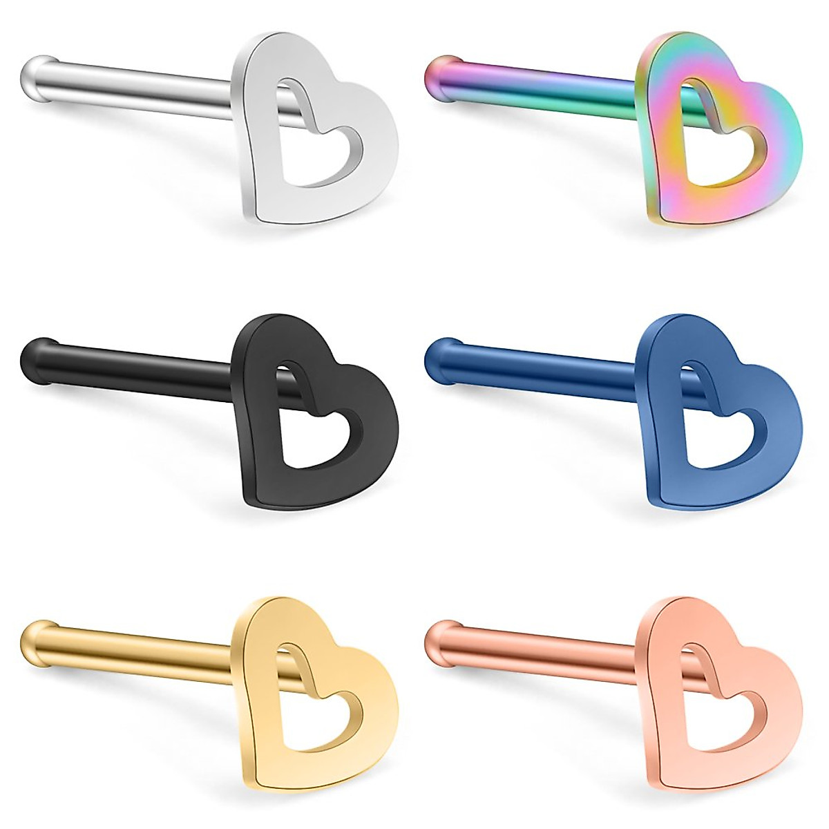 Ruifan 20G 18G Surgical Steel Heart Nose Stud Rings Bone Pin Piercing Jewelry 3-6PCS