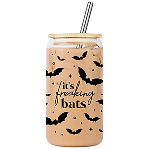 Lovearth Halloween Bats Cup, Gothic Bat Iced Coffee Cup, 16oz Halloween Glass Cup with Lid and Straw, Spooky Gifts, Cute Halloween Gifts for Women, Men, Bat Lovers, Gifts for Halloween Lovers